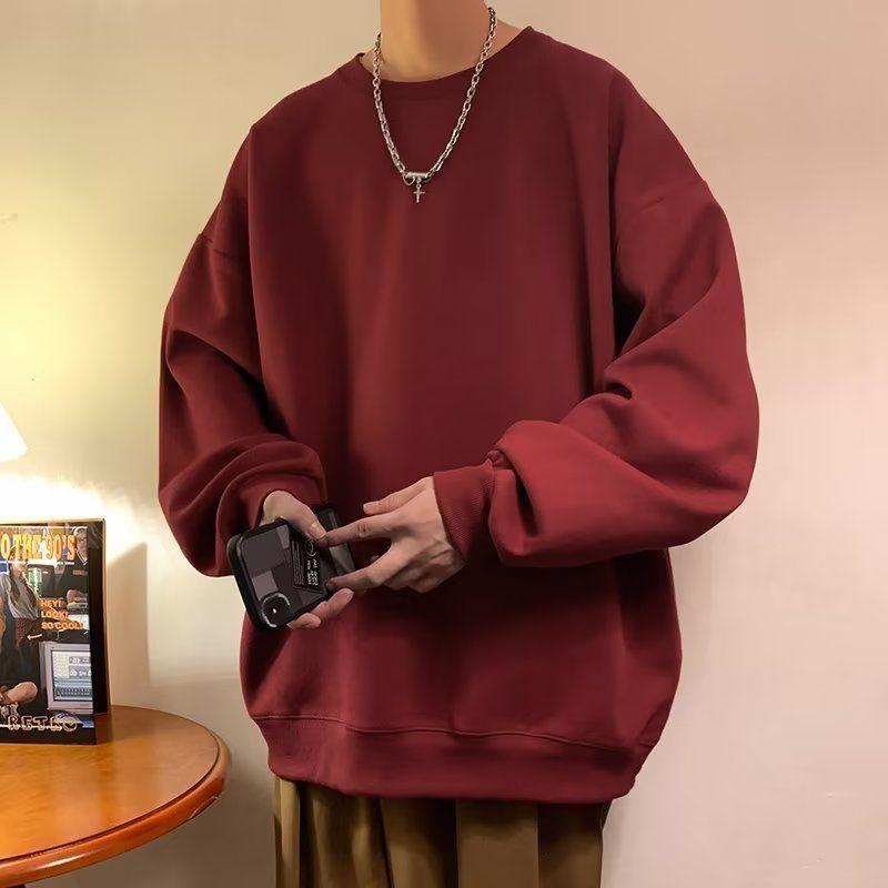 トレーナー メンズ 春秋 薄手 ラウンドネック 長袖 Tシャツ ゆったり 無地 カジュアル ワインレッド系・スタイル: 港風・袖丈: 長袖・・適合シーズン: オールシーズン・素材: 綿.-・柄: 無地・デザイン詳細: 無地・タイプ: プルオ...