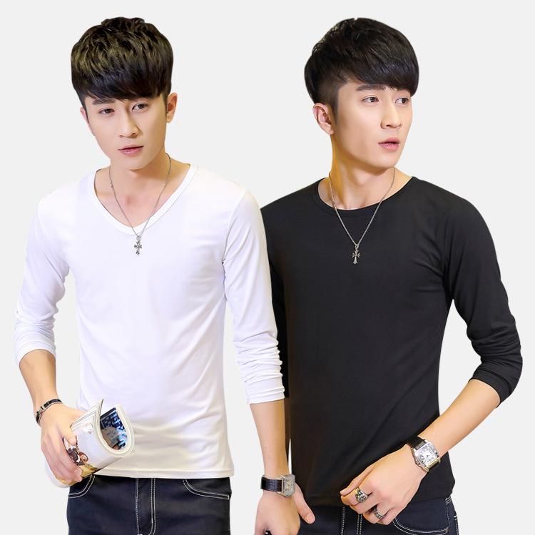 Tシャツ メンズ Vネック 長袖 無地 スリム 韓国 コットン混紡 トップス インナーウェア カットソー 春秋冬 カジュアル スタイリッシュ 白 黒 グレー 青 紺 赤 緑・スタイル: 韩版・素材: 聚酯纤维（涤纶）80%・柄: 無地・フィ...