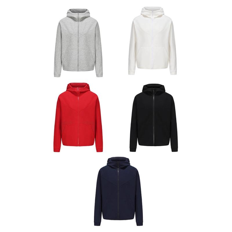パーカー メンズ 秋冬 無地 長袖 ジップアップ スウェット トレーナー フード付き スポーツウェア カジュアル スタイル ポリエステル ホワイト レッド グレー ネイビー ブラック