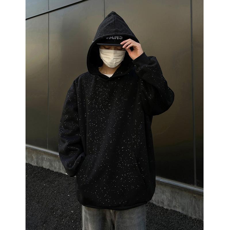 パーカー メンズ 男性用 春秋 宇宙 星空柄 プリント プルオーバー 長袖 フード付き 宽松 トップス サイドポケット ブラック系・スタイル: 青春流行・対象: 18-24歳・タイプ: プルオーバー・裏地: なし・ネックライン: ハイネック...