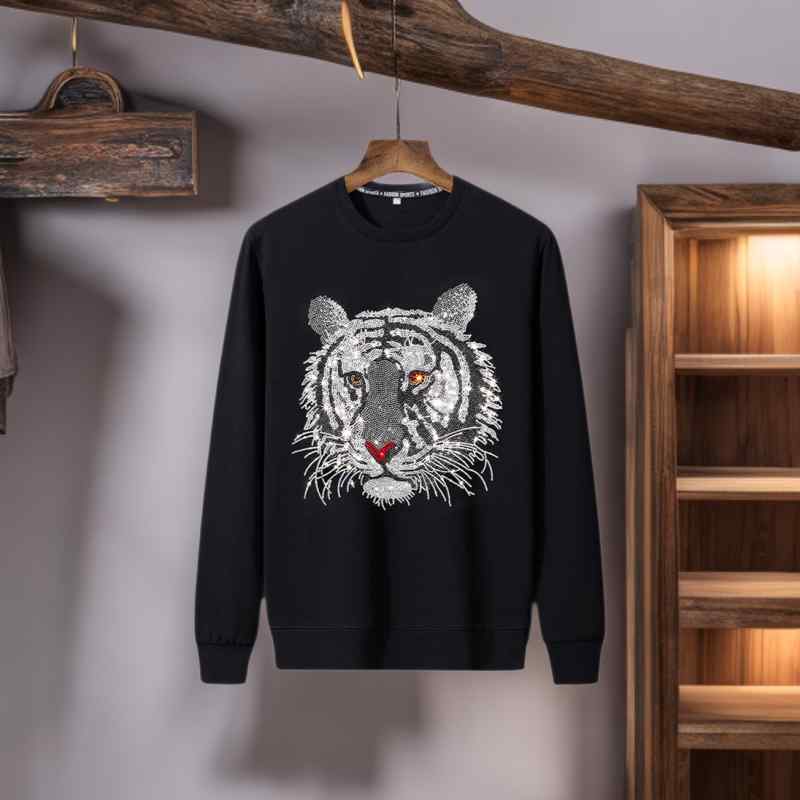 スウェット メンズ 秋冬 長袖 ビッグシルエット ラウンドネック トップス 粘纤 風 タイガー柄 ラインストーン カジュアル ストリート スタイル 大きいサイズ ブラック ホワイト