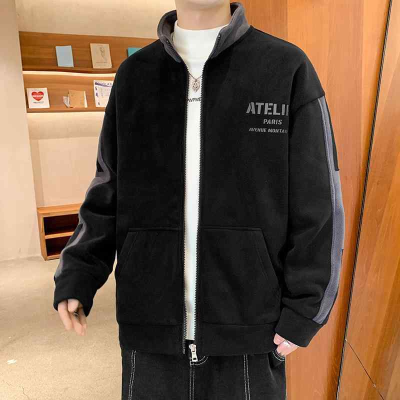 スウェット メンズ 配色 フルジップ パーカー ブルゾン ジャンパー スタンドカラー 裏起毛 暖かい 秋冬 ポリエステル 日常着 普段使い 黒 ブラック 系 茶色 コーヒー色 系