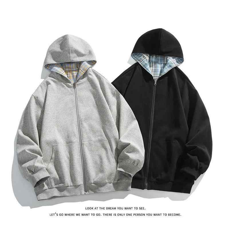 2個セットパーカー メンズ 男性用 秋冬 長袖 フード付き スウェット スポーティー カジュアル 格子柄 コットン混紡 ゆったり 黒 ブラック グレー・カテゴリ: 卫衣/绒衫・スタイル: スポーツカジュアル・袖丈: 長袖・ネックライン: 襟...