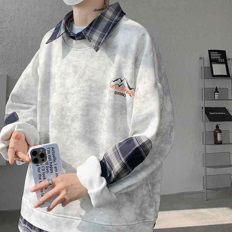 スウェット メンズ 年 秋冬 ネルシャツ 重ね着風 絞り染め 配色 チェック柄 襟付き プルオーバー 裏起毛 トップス スエット・カテゴリ: スウェット/トレーナー・スタイル: 韓国・対象: 24-35歳・種類: プルオーバー・裏地: なし...