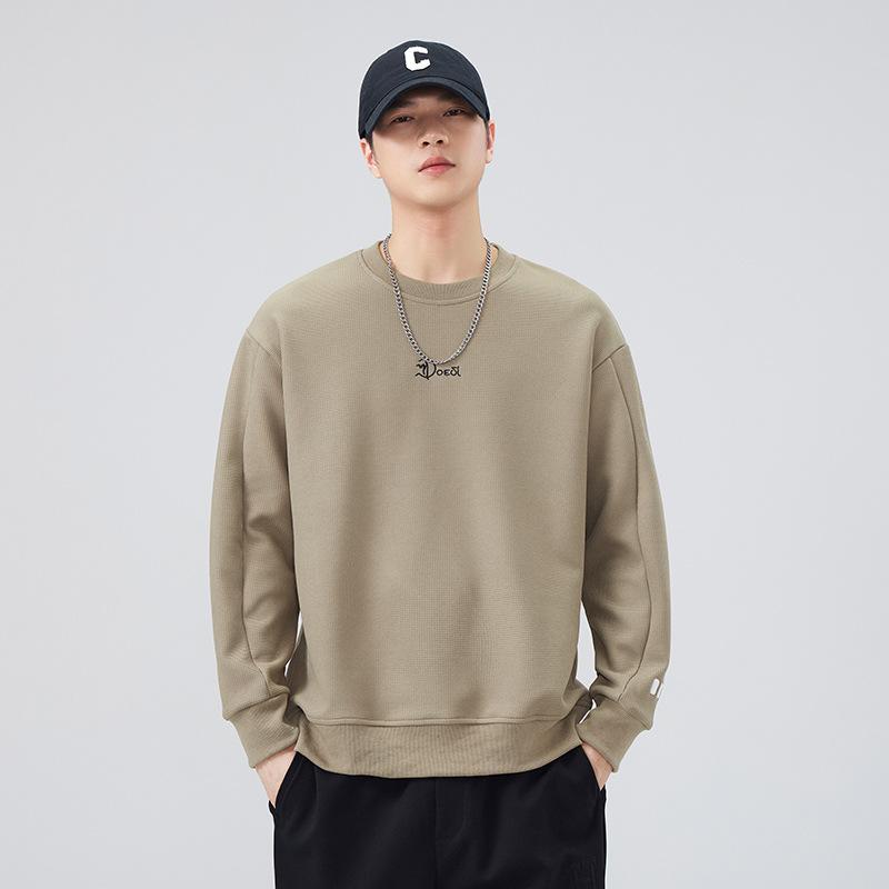Tシャツ メンズ 男性用 秋冬 リブ 刺繡 クルーネック 長袖 スウェット トレーナー ストリート アメカジ 綿 カーキ ブラック ブラウン グレー