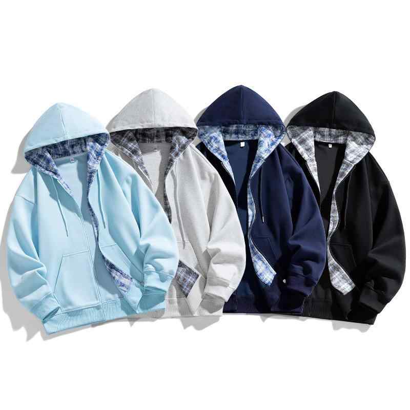 パーカー メンズ 男性用 春秋 薄手 ポリエステル 無地 フード付き ジップアップ ブラック グレー ネイビー ブルー 韓国 カジュアル