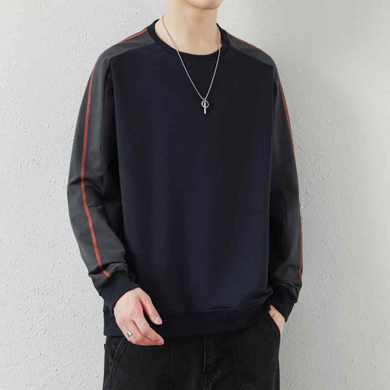 Tシャツ メンズ 長袖 コットン クルーネック 配色 春秋 スポーティー 普段使い カジュアル ブラック グレー系