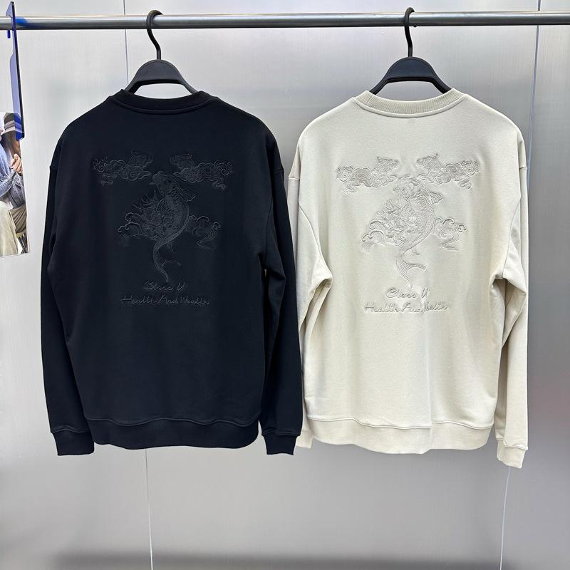 パーカー メンズ 男性用 トップス コットン 鯉 刺繍 クルーネック スウェット 春 スプリング カジュアルウェア ルーズフィット 長袖 杏色 黒