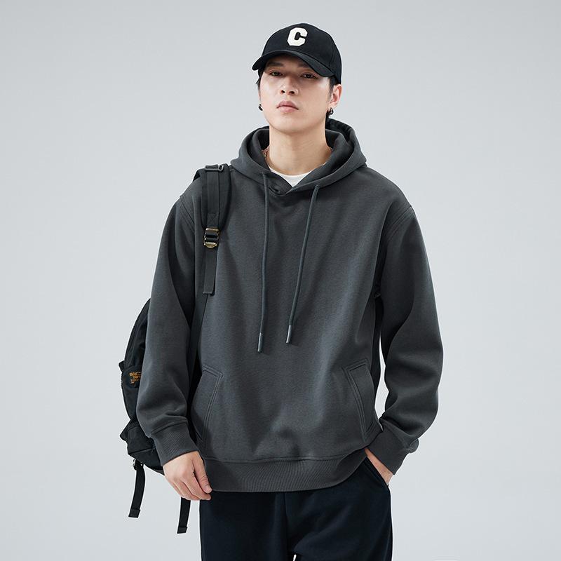 パーカー メンズ 秋冬 長袖 スウェット プルオーバー フード付き 無地 コットン混紡 ゆったり リラックス ルーズ ドロップショルダー カジュアル スタイル 深灰 ブラック ブルーグリーン