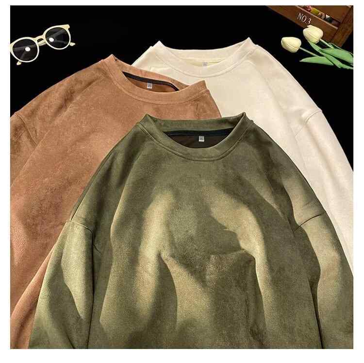 2個セットスエード調 トレーナー メンズ ヘビーウェイト ストリート アメカジ クルーネック プルオーバー 無地 トップス 普段使い リラックス ルーズフィット ブラック グリーン系