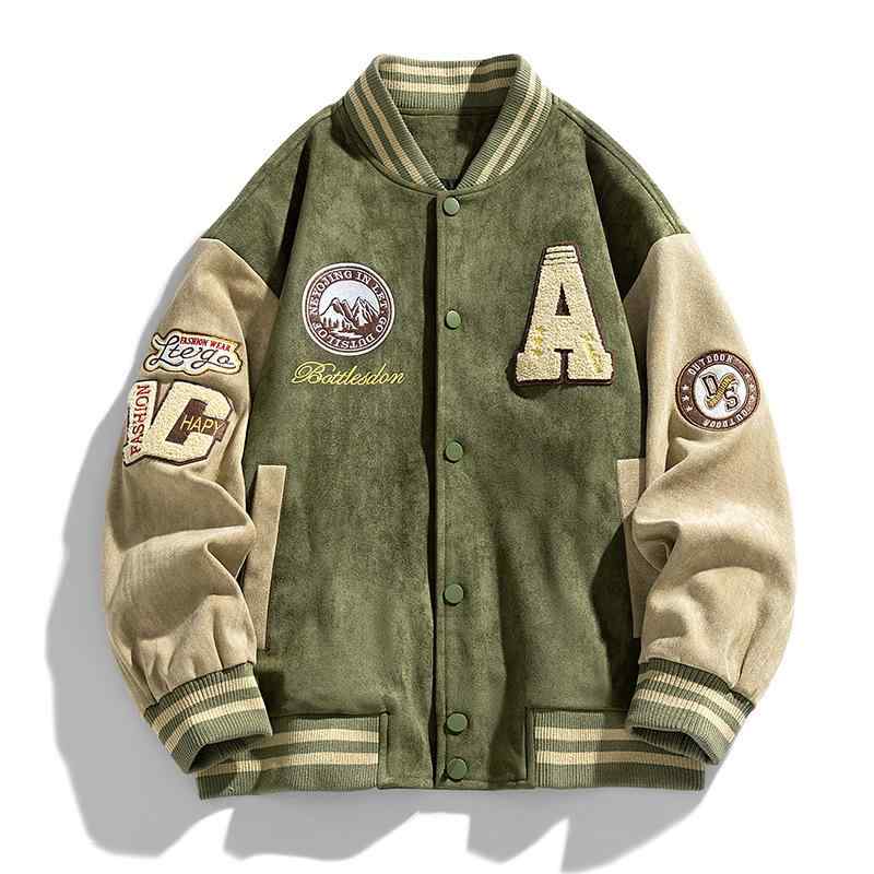 ジャケット メンズ 男性用 鹿皮 ディアスキン ブルゾン スタジャン 野球服 ベースボール ジャンパー アウター トップス 長袖 無地 秋冬 ブラック 黒 グリーン 緑