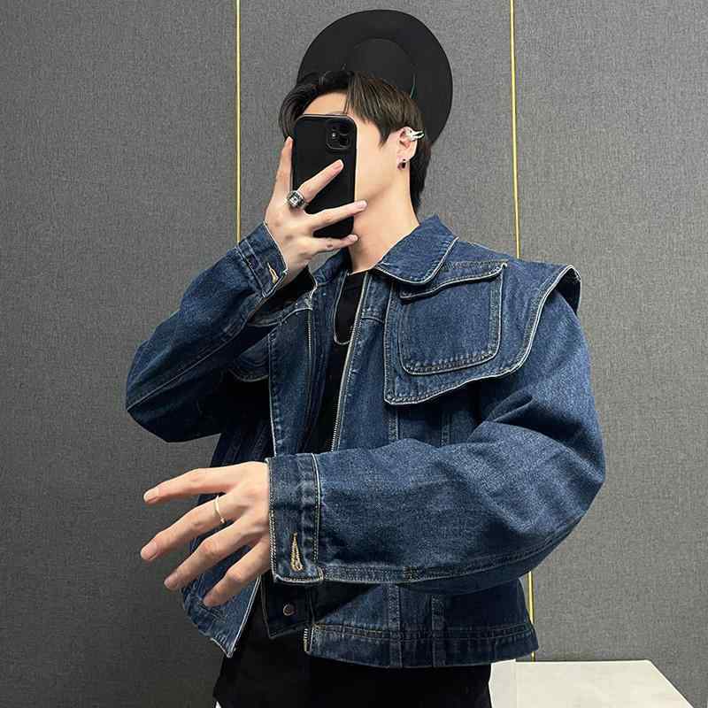 ジャケット メンズ デニム レトロ ショールカラー ポケット付き デザイン ショート丈 スタイリッシュ 耐摩耗性 春秋 深藍色・カテゴリ: ジャケット・スタイル: 韓国・対象年齢: 18-24歳・襟の形: 襟付き・フィット: スリム・フロン...