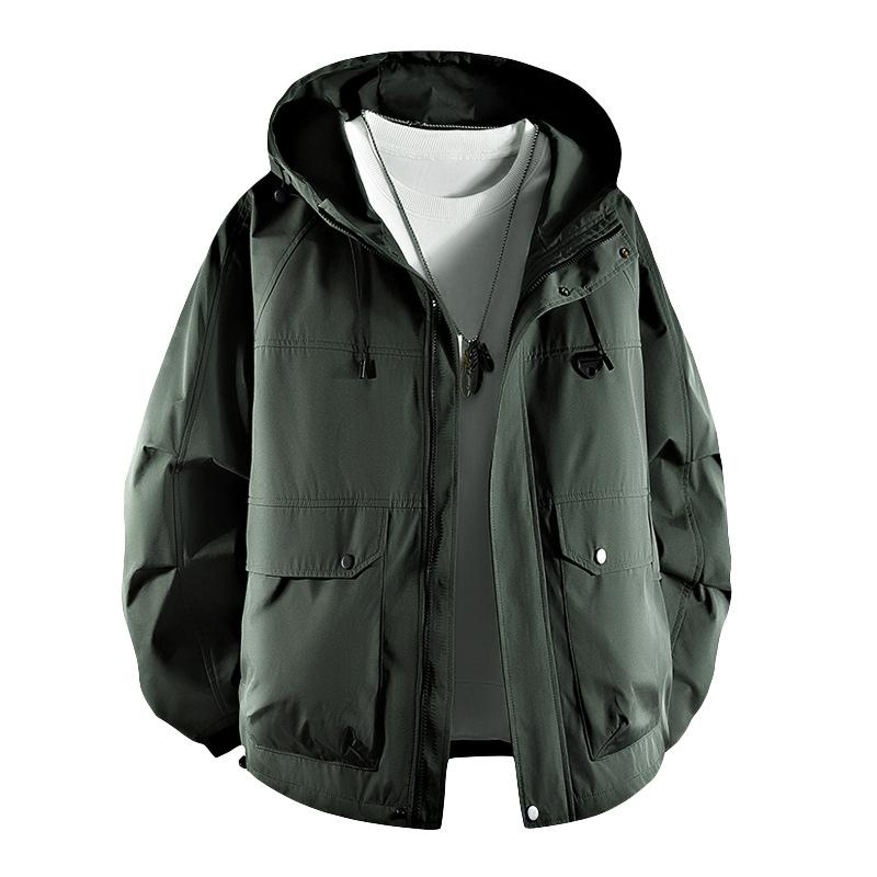 ジャケット 男性用 アウター 春秋 撥水 防風 フード付き ワーク ミリタリー 立体ポケット ブラック カーキ ブラウン ポリエステル