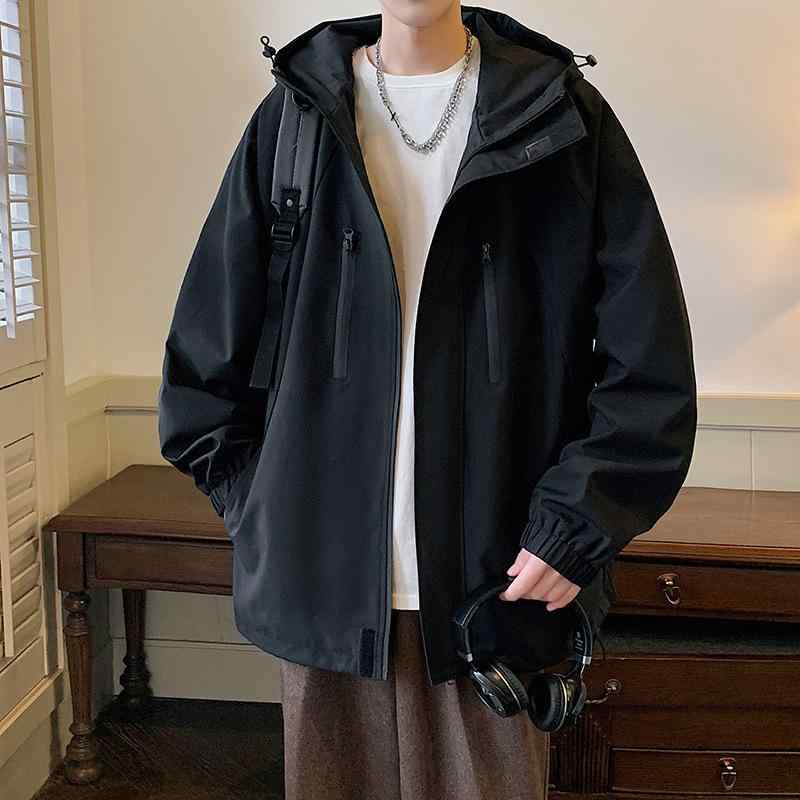 ジャケット メンズ 春秋 撥水 防風 フード付き ブルゾン ゆったり アウター ブラック カーキ パープル系 ポリエステル・商品カテゴリ: ジャケット・スタイル: 国潮・対象年齢: 18-24歳・襟型: 襟なし・シルエット: ルーズ・前立て...