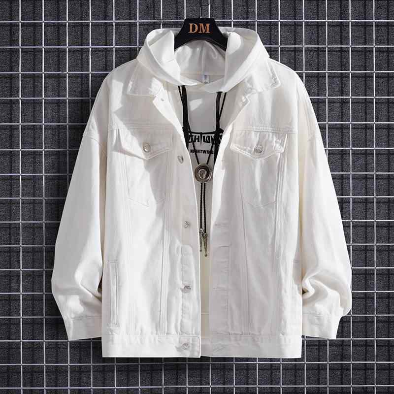 ジャケット 男性用 デニム スリムフィット 春秋物 トップス 韓国 アウター 綿 ホワイト ブラック 長袖・カテゴリ: ジャケット・スタイル: 韓国版・対象年齢: 18-24歳・襟の形: 襟付き・フィット: スリム・前立て: シングルブレス...