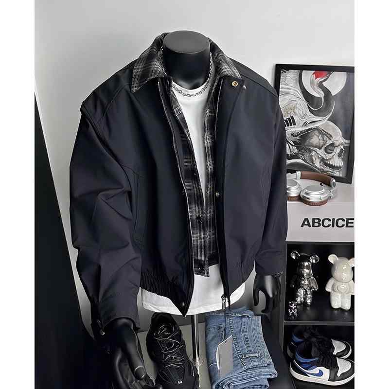 ジャケット メンズ ブルゾン チェック柄 切り替え ショート丈 ゆったり ポリエステル 黒 ブラック系 茶 ブラウン系