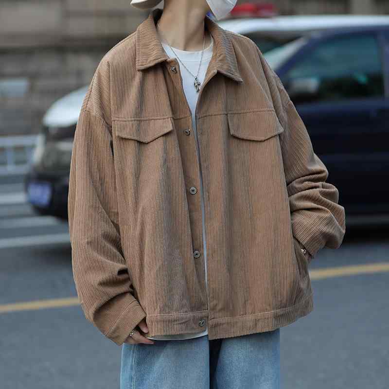 2個セットジャケット 男性用 コーデュロイ 春秋 レトロ 無地 カジュアル ゆったり 襟付き 長袖 ブルゾン ブラック ブラウン系