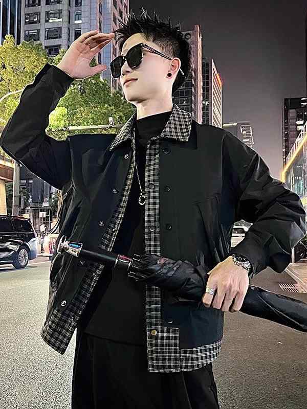 ジャケット 男性用 チェック柄 切り替え レトロ オーバーサイズ ポリエステル 黒 ブラック コーヒー色 M L XL XXL XXXL 春秋・カテゴリ: ジャケット・スタイル: レトロ・対象年齢: 18-24歳・襟の形: 襟付き・フィット...