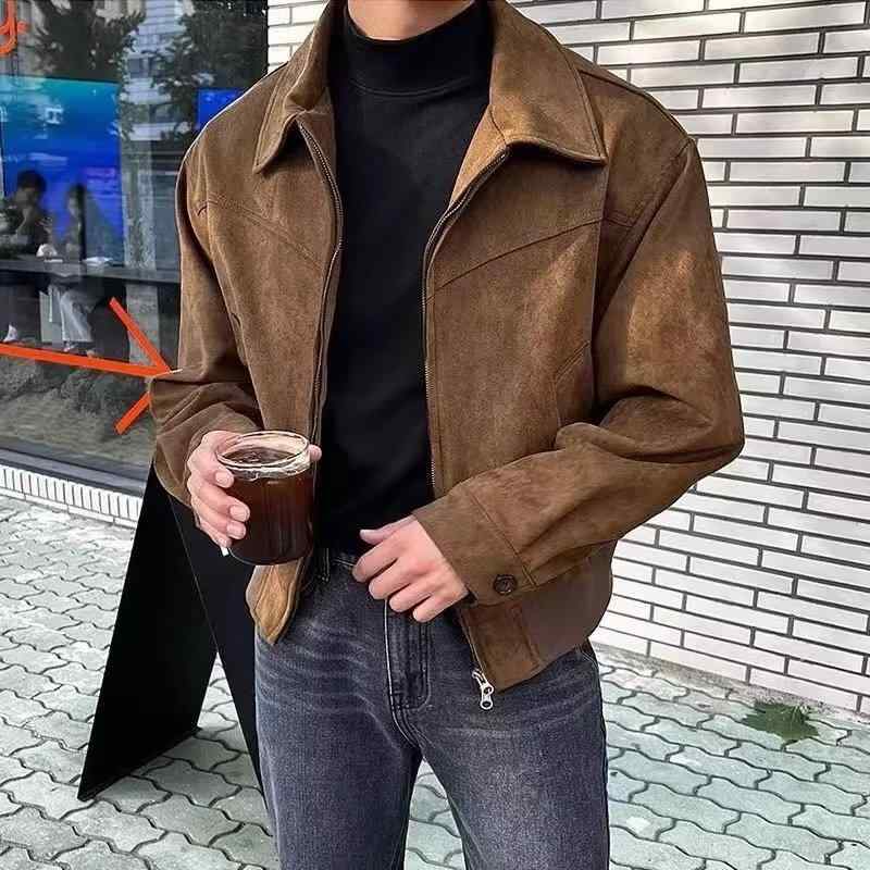 ジャケット メンズ スエード ブルゾン 春秋 VINTAGE レトロ ショート丈 フライトジャケット 普段使い 伸縮性 耐摩耗性 聚酯纤维 95% 青春 流行 翻领 ルーズフィット ジップアップ 無地 長袖 ブラック ブラウン・カテゴリ: ...