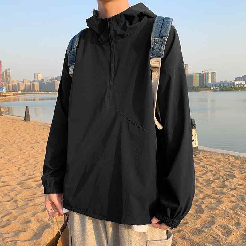 ジャケット 男性用 ブルゾン スタンドカラー ハーフジップ プルオーバー ゆったり 春秋 無地 ポリエステル ブラック グレー・スタイル: 港風・対象年齢: 18-24歳・ネックライン: 立襟・フィット: ルーズ・フロント: ジッパー・フー...