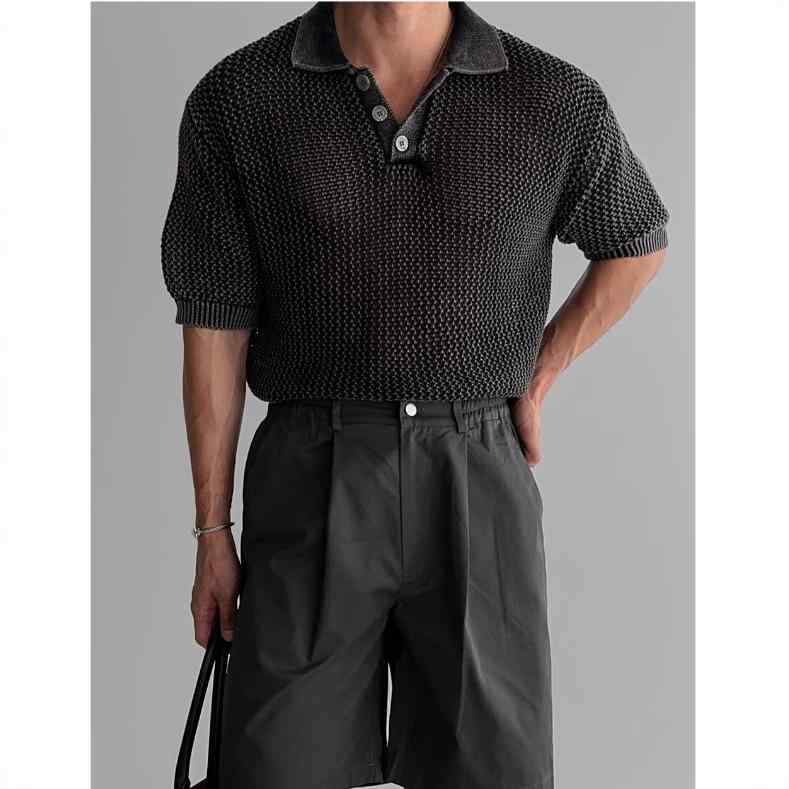 ポロシャツ メンズ 接触冷感 ニット 薄手 透かし編み 半袖 Tシャツ トップス 涼しい 快適 無地 グレー ブラック・スタイル: カジュアル・素材: ポリエステル・対象: 青少年.成人・柄: 無地・タイプ: プルオーバー・ネックライン: ...