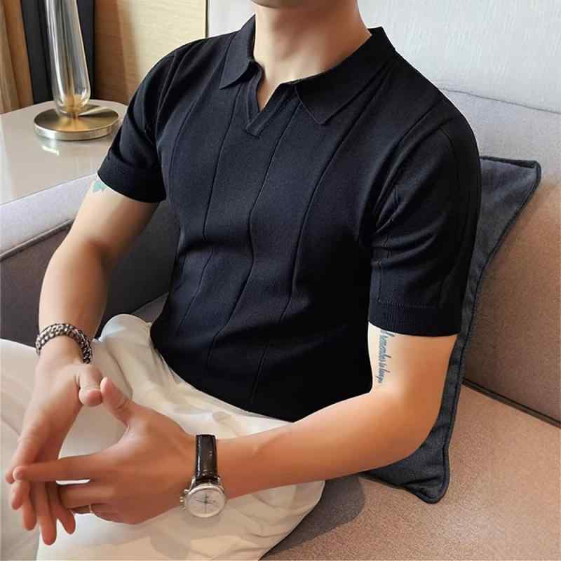 ポロシャツ メンズ 接触冷感 半袖 ポリエステル トップス 無地 スリムフィット Vネック 黒 白 夏 普段使い