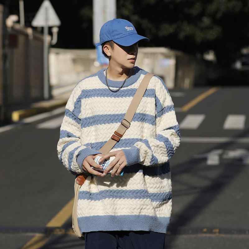 ニット メンズ 秋冬 ストライプ柄 クルーネック プルオーバー セーター ゆったり リブ編み トップス 韓国 黒 紺 ポリエステル混紡・カテゴリ: ニット・スタイル: プルオーバー・シルエット: ゆったり・ネックライン: ラウンドネック・袖...