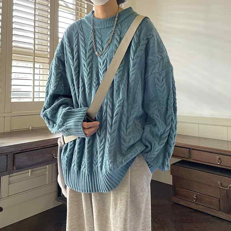 ニット メンズ ケーブル編み セーター 秋冬 プルオーバー トップス 長袖 ラウンドネック ゆったり 普段使い デイリー カジュアル コットン混紡 ホワイト グレー ブラック ブルー・カテゴリ: ニット・スタイル: ストリート・タイプ: プ...