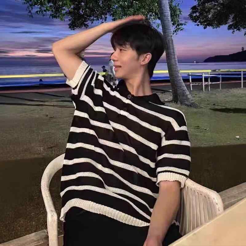 ポロシャツ メンズ 紳士 半袖 ニット 薄手 接触冷感 ストライプ柄 カジュアル トップス カットソー 春夏 普段使い