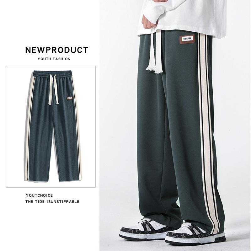 カジュアルパンツ 男性用 春秋 ズボン レトロ ストライプ 切り替え ルーズ ゆったり ストレート ロングパンツ スポーツ ウェア ブラック ダークグレー ライトベージュ