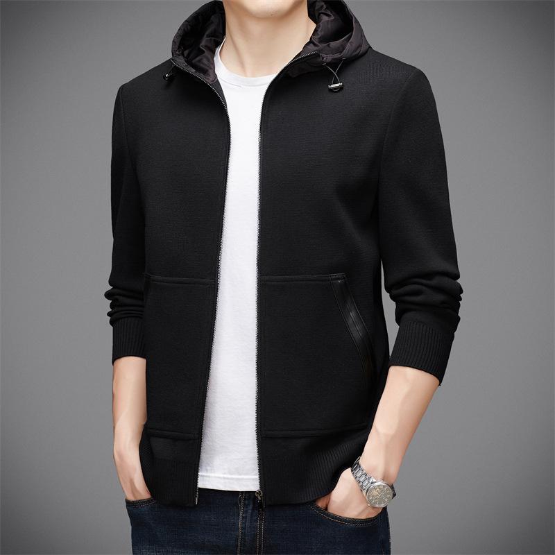 ジャケット メンズ ウール混紡 ニット カジュアル 紳士 ビジネス フード付き ジップアップ 薄手 アウター 防風 ポリエステル ブラック グレー 秋