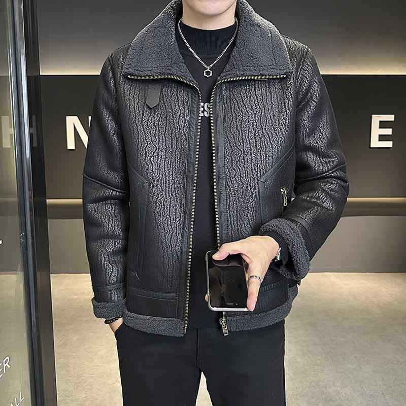 ジャケット メンズ 男性用 PUレザー 皮毛一体型 ブルゾン 秋冬 カジュアル 防寒 あったか アウター 襟付き ジップアップ 多ポケット ブラック キャメル・スタイル: 青春流行・対象: 都市（24-35歳）・着丈: 普通 (50-65c...
