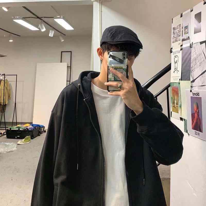 パーカー メンズ 秋冬 韓国 カジュアル 学生 ジップアップ アウター ゆったり スポーツウェア トップス 長袖 フード付き 無地 グレー 黒 ポリエステル
