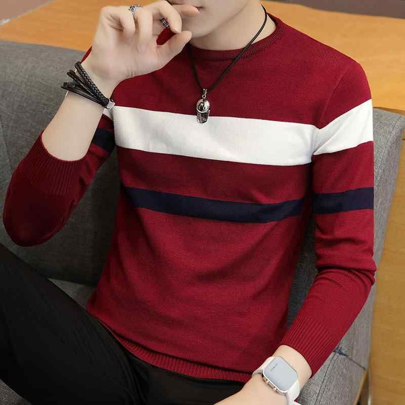ニット メンズ 薄手 長袖 ストライプ セーター Tシャツ カットソー スリム 学生 インナー 普段使い リラックス 部屋着 グレー ブラック系
