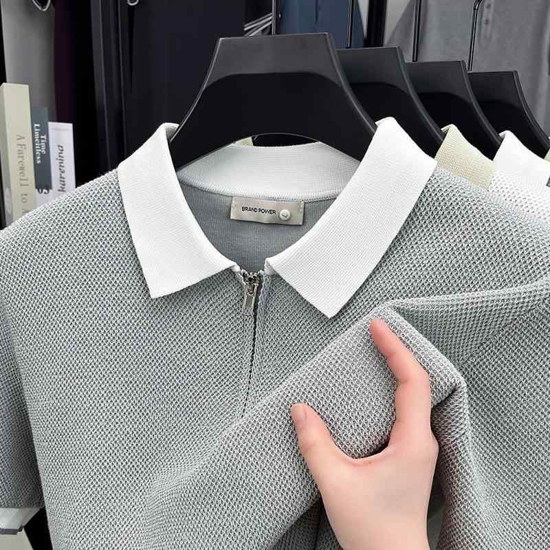 Tシャツ メンズ ビジネス カジュアル トップス 半袖 粘纤 ポリエステル 切り替え 襟付き 無地 薄手 夏 普段使い