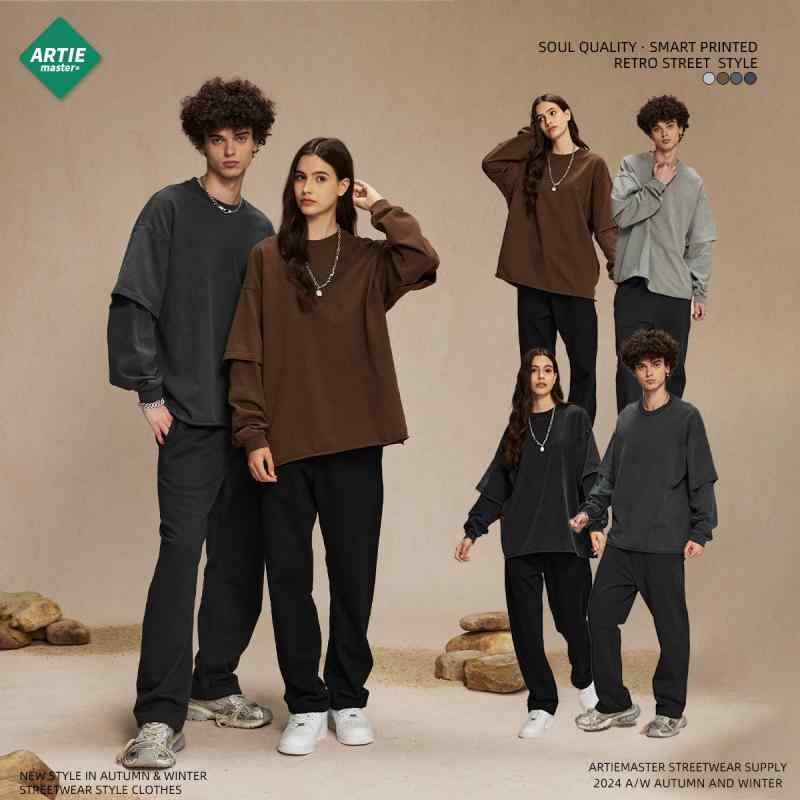 Tシャツ メンズ レイヤード風 ラウンドネック 長袖 コットン ゆったりサイズ 古着風 ウォッシュ加工 無地 ブラック系 グレー系 カジュアル ストリート 秋冬・商品カテゴリ: スウェット/トレーナー・スタイル: ストリート・対象: 18-...