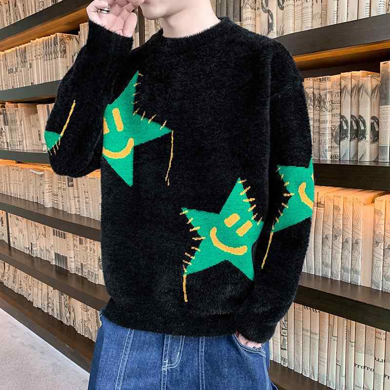 ニット メンズ セーター 秋冬 長袖 トップス プルオーバー ラウンドネック 水貂绒 宽松 提花 カジュアル スタイル 白 黒