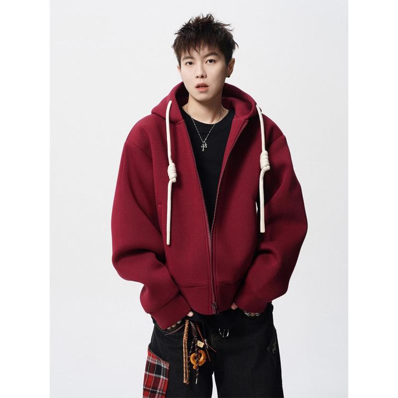 ジャケット メンズ スウェット 春秋 ポリエステル 無地 フード付き ジップアップ ブルゾン ストリート カジュアル ワインレッド グレー