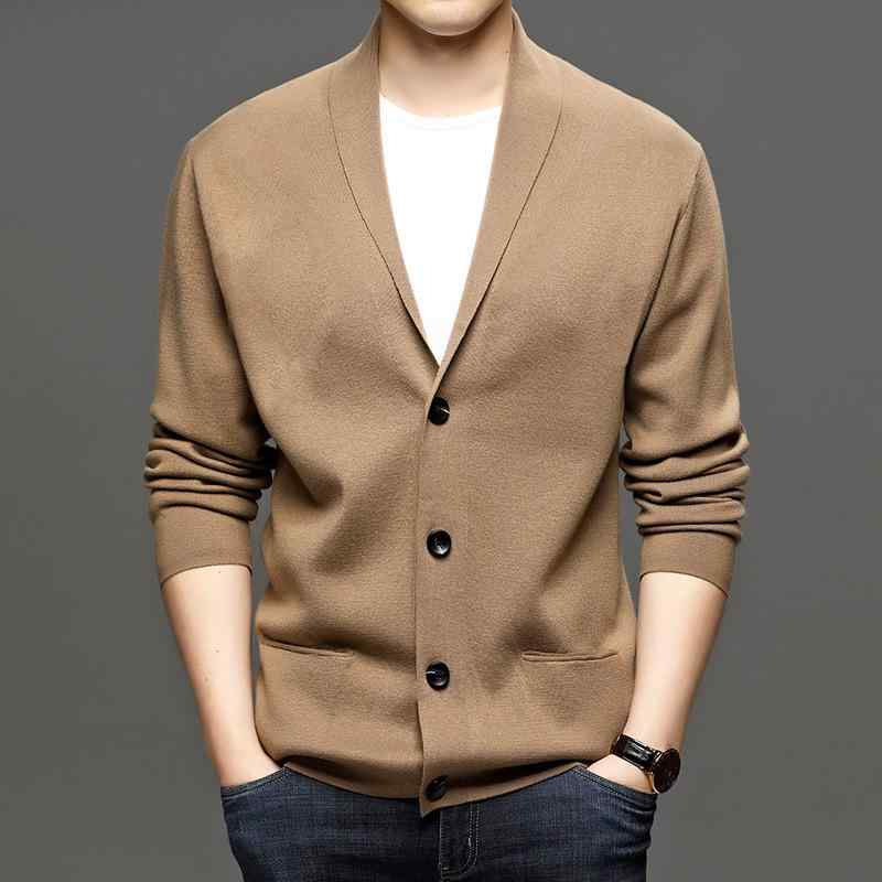 ニット カーディガン メンズ 紳士服 翻襟 襟付き 無地 長袖 ゆったり ビジネス カジュアル 普段使い トップス 春秋 グレー 黒 茶色系