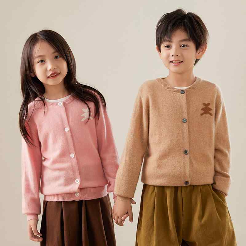 ニット 子供服 カーディガン 男女兼用 ウール ニットトップス アウター 丸首 長袖 春秋冬 中厚手 ピンク ブラック 花キャメル グレー