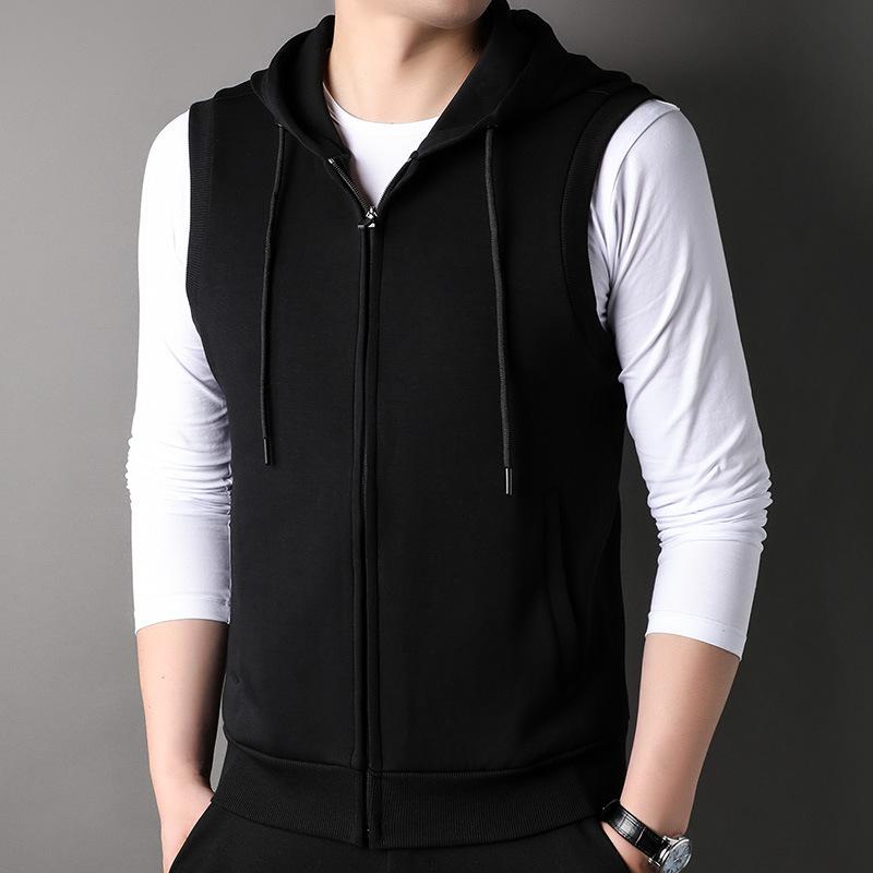 パーカー メンズ カーディガン ベスト フード付き 無地 春秋 トップス ノースリーブ コットン 上着 深灰 ブラック レッド コーヒー 3シーズン カジュアル スポーティー