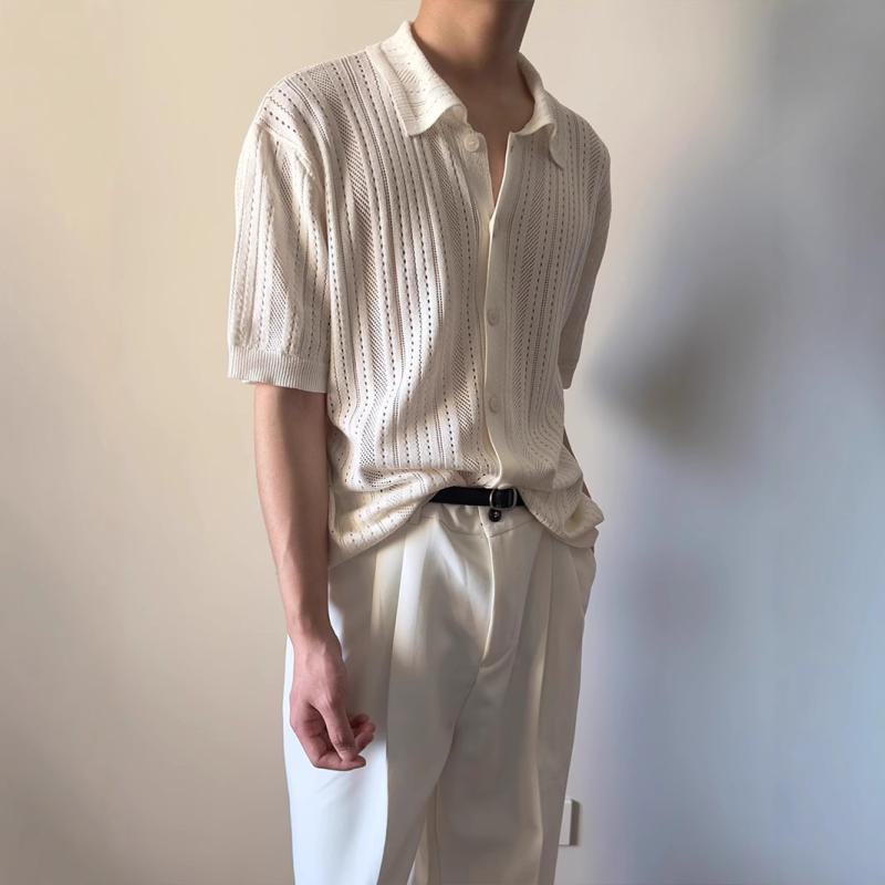 ニット メンズ 韓国 透かし編み レトロ ポロシャツ 襟付き 半袖 無地 薄手 カーディガン トップス 普段使い デート ブラック グレー系・カテゴリ: カーディガン