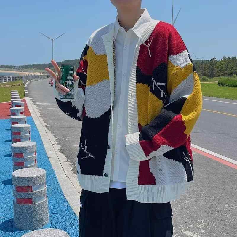 ニットカーディガン メンズ 春秋 配色 長袖 ルーズフィット ラウンドネック ポリエステル混紡 トップス 韓国 カジュアル スタイル・カテゴリ: ニットカーディガン・スタイル: カジュアル・タイプ: カーディガン・シルエット: ルーズ・ネッ...