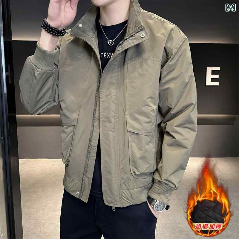 ジャケット 男性用 裏起毛 厚手 防寒 立襟 若者 ブルゾン カジュアル カーキグリーン 灰緑 ブラック・素材機能: 耐摩耗性・製品カテゴリ: ジャケット・スタイル: .都市・対象年齢: 18-24歳・襟のタイプ: スタンドカラー・フィット...