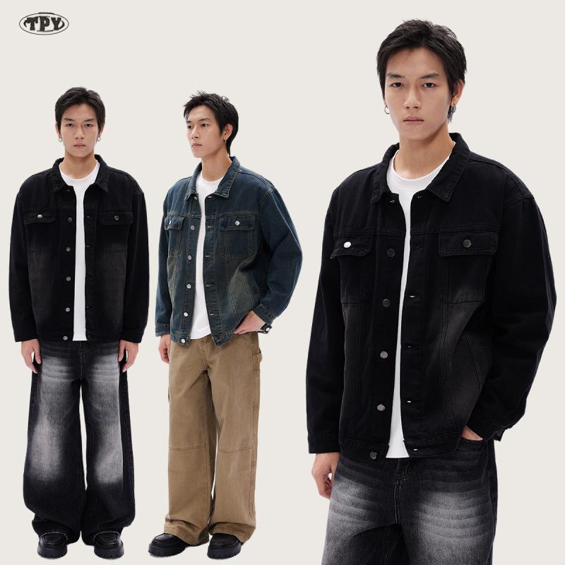 デニムジャケット メンズ 男性用 Gジャン ブルゾン トップス ウォッシュ加工 ダメージ加工 レトロ ビンテージ風 ゆったり ブラック 秋