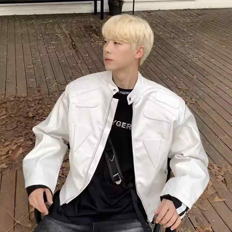 ジャケット 男性用 バイク レザージャケット アウター 春秋 ストリート カジュアル ブラック ホワイト ポリエステル・カテゴリ: ジャケット・スタイル: ストリート・対象: 若者・版型: レギュラー・フード: なし・・素材: 化学繊維混紡...