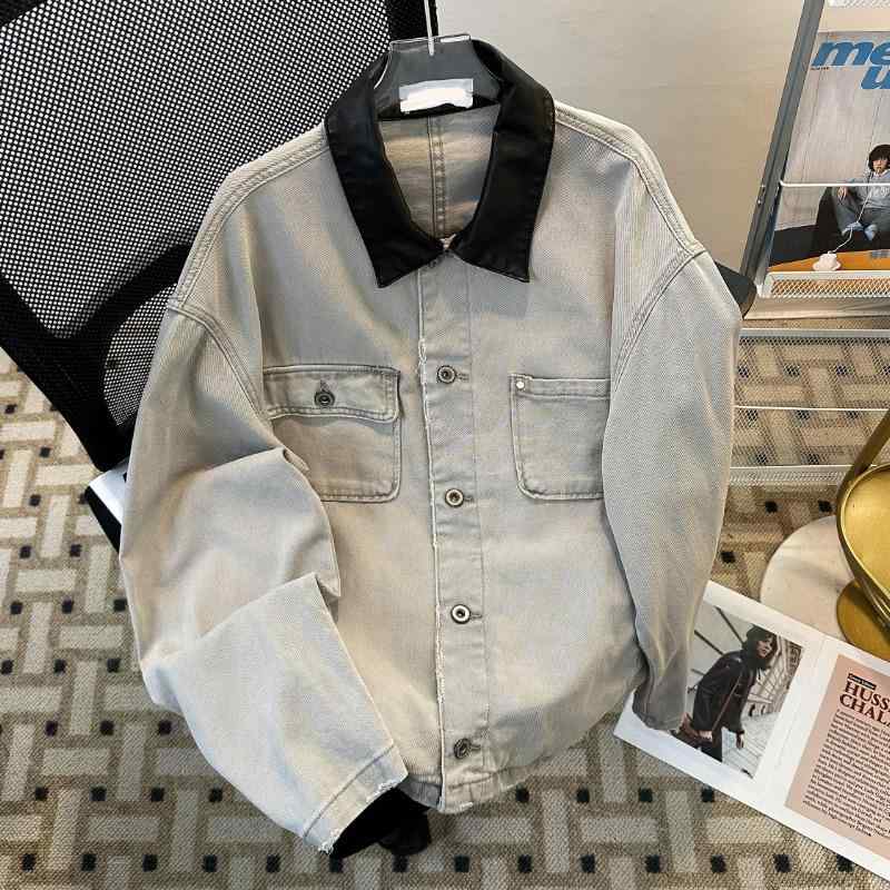 デニムジャケット メンズ Gジャン 男性用 ブルゾン 春秋 グレー グレー アウター 配色 切り替え 襟付き コットン