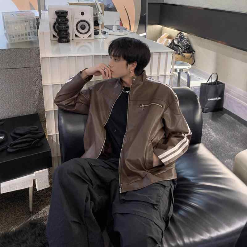 ジャケット メンズ 男性用 レザージャケット PUレザー 春秋 ヴィンテージ ストライプ柄 オーバーサイズ 襟付き ブラック ブラウン