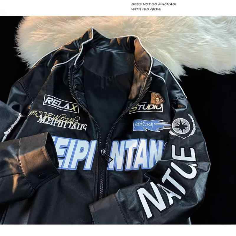 ジャケット 男性用 PUレザー ブルゾン ゆったり 襟付き ストリート カジュアル 黒 白・スタイル: ストリート・対象年齢: 18-24歳・着丈: 普通 (50-65cm)・フィット: ゆったり・襟の形: 襟付き・前立て: ジッパー・フー...