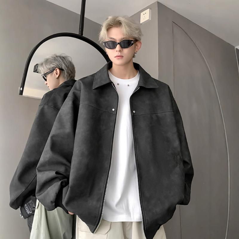 レザージャケット メンズ 男性用 PUレザー 翻襟 ゆったり ブラック ピンク系 ブラウン 春秋 カジュアルスタイル・スタイル: ストリート・対象年齢: 18-24歳・着丈: ミドル丈・フィット: ゆったり・襟の形: 襟付き・前立て: ジッ...